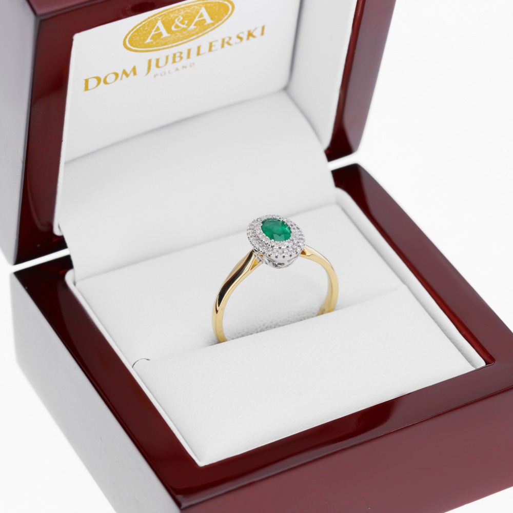 Pierścionek złoto 585 ze szmaragdem 0,37 ct i diamentami 0,10 ct